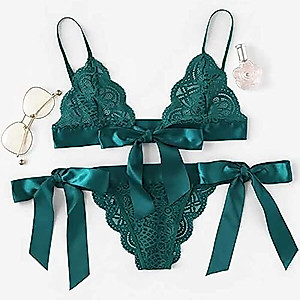 Cosplay Costumes For Women, Boudoir Outfits Full Body Suit Women's Lengerie Sexy Women's Lingerie Lace Three-Point Large Bow Tie Split Two-Piece Suit Sets With Stockings Bodysuit (S, Green)