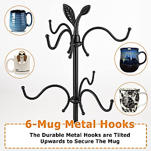 Coffee Mug Holder for Large Mugs, Mug Tree for Counter, Coffee Cup Holder for Countertop, Mug Rack with Tray, Metal Coffee Mug Tree with 6 Hooks, Coffee Counter Bar Accessory & Kitchen Home Organizer