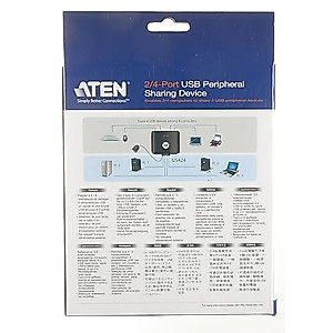 ATEN US224 2 x 4 USB 2.0 Peripheral Sharing USB Switch 2 Computers Share 4 Devices Simple Remote Port Selector Included Supports Optional USB Power Adapter - Windows Mac Linux