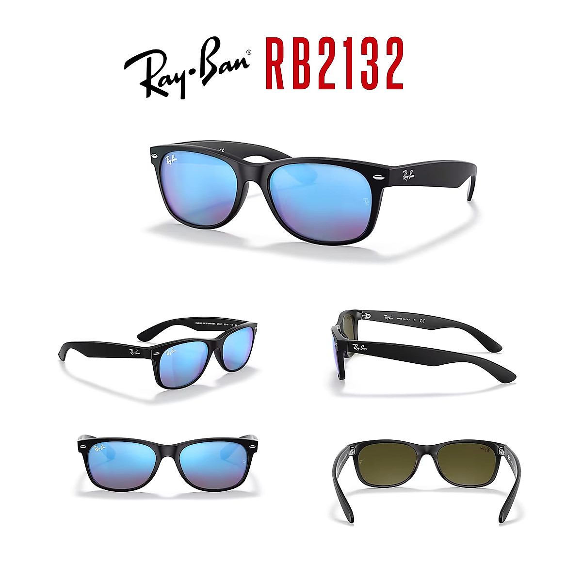 Ray-Ban RB2132 NEW WAYFARER Square Sunglasses For Men For Women + BUNDLE with Designer iWear Eyewear Kit (Rubber Black/Grey Mirror Blue)
