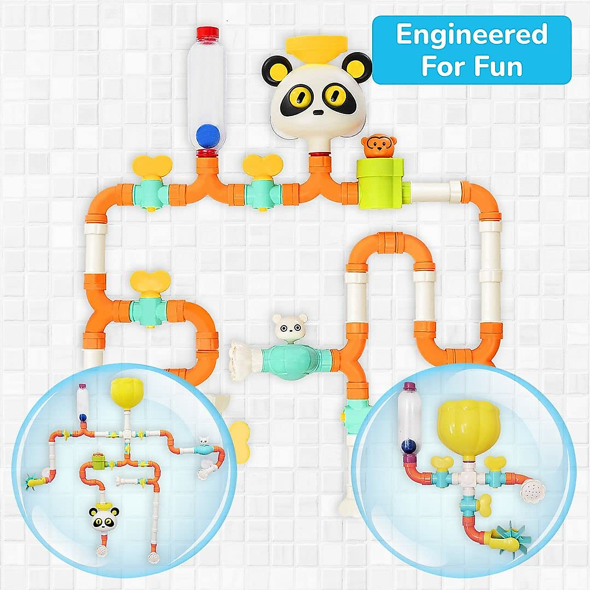 DIY Bath Toys for Toddlers Ages 1-3 and Kids 4-8, STEM Water Toys with Extra Features, 50-Piece Colorful Pipe Bathtub Set with Swiveling Valves, Top Right Toys