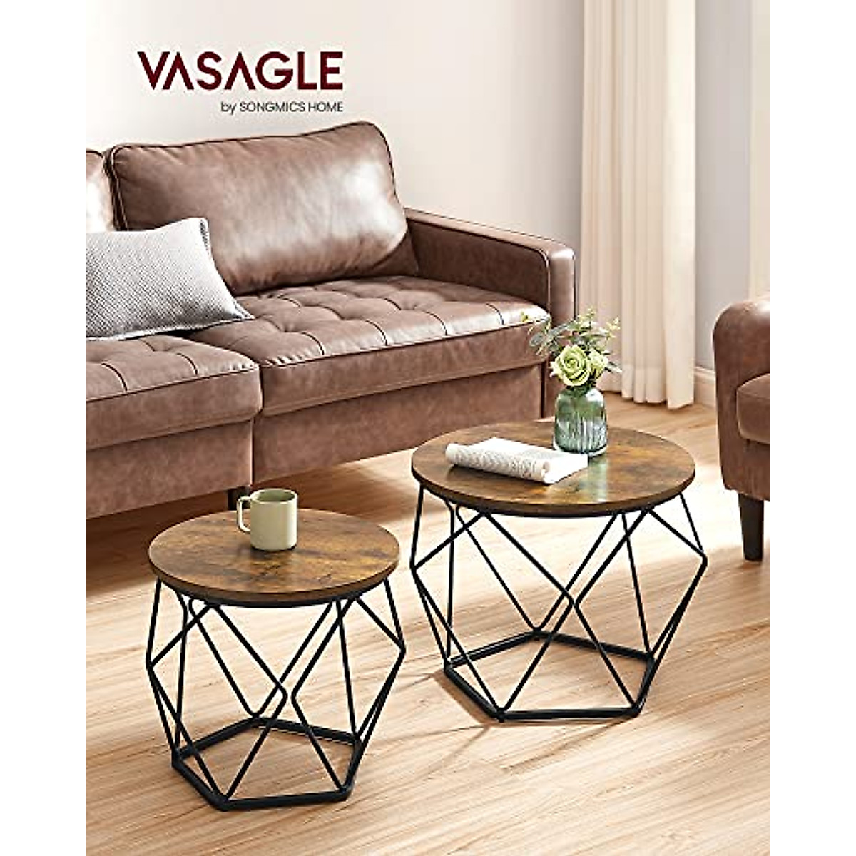 VASAGLE Small Coffee Table Set of 2, Round Coffee Table with Steel Frame, Side End Table for Living Room, Bedroom, Office, Rustic Brown and Black