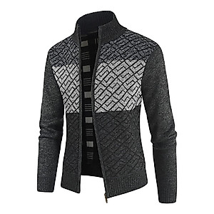 Men's Casual Thick Knitted Cardigan Sweaters Color Block Full Zip Knit Sweater Long Sleeve Fleece Winter Cardigans (Dark Grey,3X-Large)