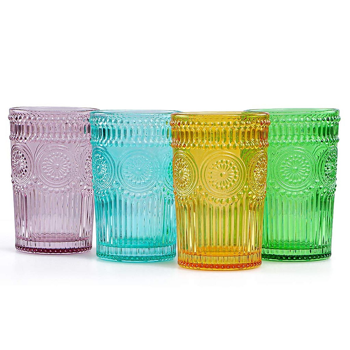 MDLUU Colored Glassware, Multicolor Drinking Glasses, Embossed Water Glasses, Colored Tumblers Glass, Capacity 12oz/345ml, Set of 4