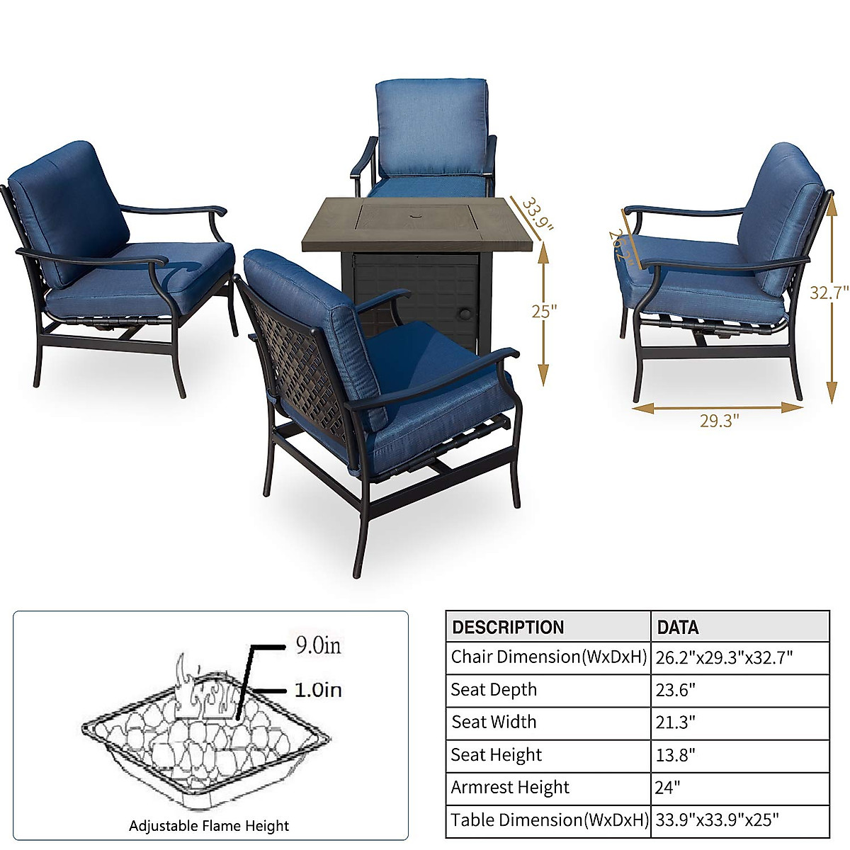 PatioFestival Outdoor Furniture Patio Conversation Set CSA Certification 50,000 BTU 33.9 Inch Propane Fire Pit Table Sets with Rocking Chairs (5 Pcs,Blue)