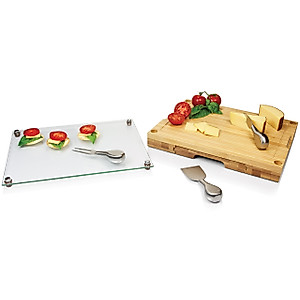 TOSCANA - a Picnic Time brand Concerto Glass Top Cheese and Knife Set - Charcuterie Set - Glass Top Cutting Board, (Bamboo)