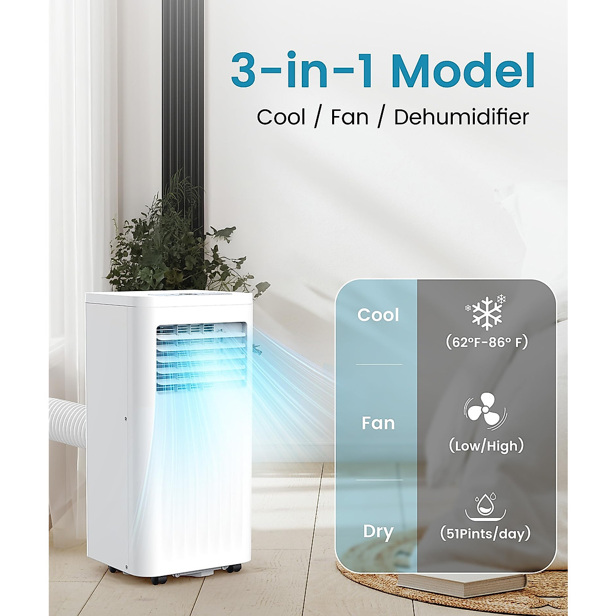 Joy Pebble Portable Air Conditioner, 8000 BTU Air Conditioner with Cooling, Fan, Dehumidifier, Sleep Mode, ≤55 db, Cooling up to 350 Sq. Ft. with 24H Timer/Digital Display/Remote Control & Window Kit