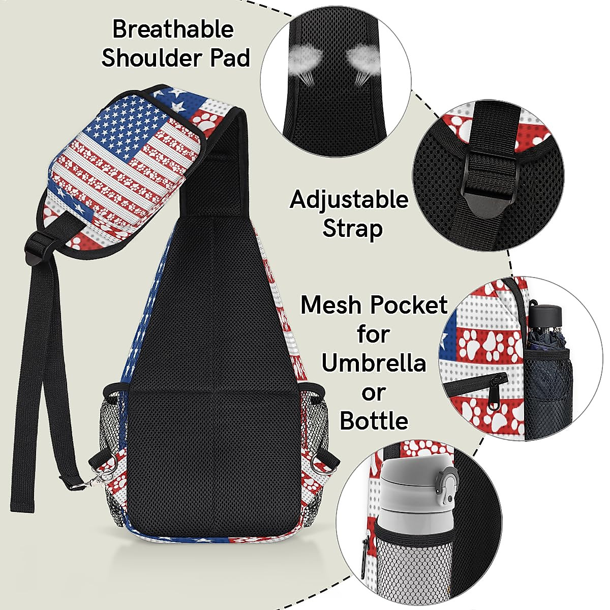 FZDXZJJ USA Flag Paw Print Crossbody Sling Backpack Sling Bag American Flag Small Chest Bag for Women Men Outdoor Shoulder Bag Travel Hiking Daypack for Sports Running Cycling Walking