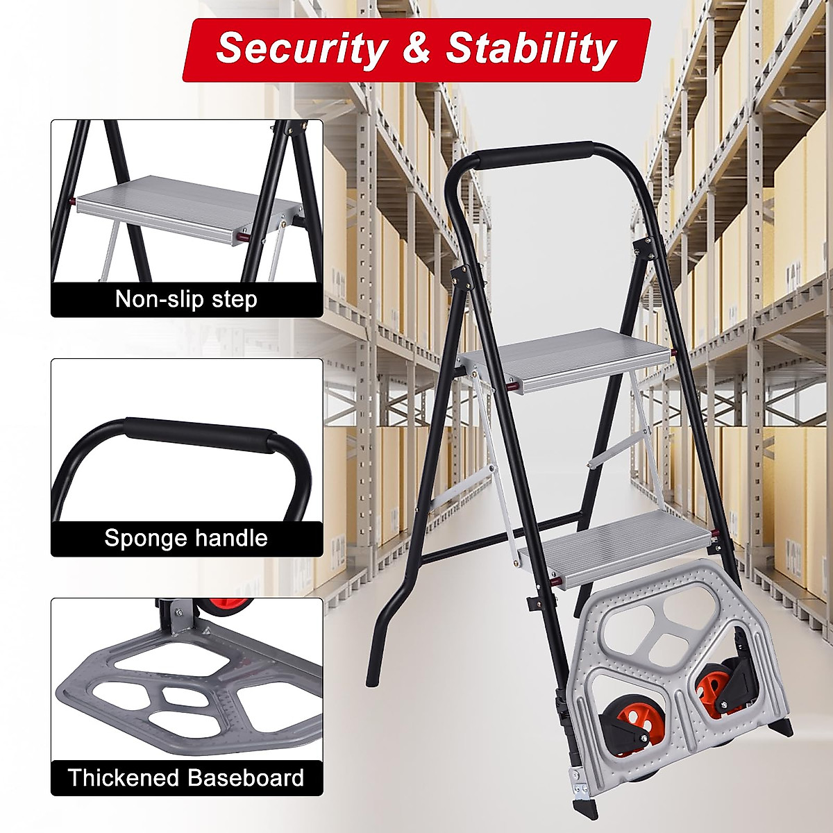 ExGizmo Aluminum Hand Truck,2 in 1 Folding Step Ladder,Portable Aluminum Ladder 551 LBS Load Capacity,Multifunction Collapsible Dolly Cart 220 LBS Load Capacity