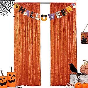 Hahuho Orange Sequin Backdrop Curtain, Halloween Glitter Backdrop Curtain for Parties, Christmas, Wedding, Party Decoration（2 Panels, 2FT x 8FT, Orange