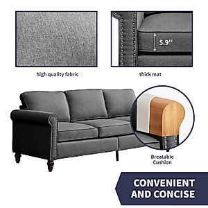 ZAFLY Sofa Couch, 3 Seat Couches for Living Room, 3 Sofa Seat for Small Spaces, Mid Century Modern Couch with Armrest and Backrest, Soft Cushion Sofa for Home/Office/Apartment - Dark Grey