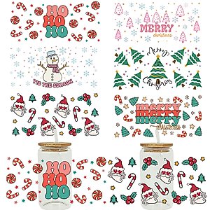 UV DTF Cup Wrap Cute Christmas Theme Stickers for Glass Cups 3D Waterproof Rub on Transfers for 16OZ Libbey Glass Cups Furniture Crafting 6 Sheets