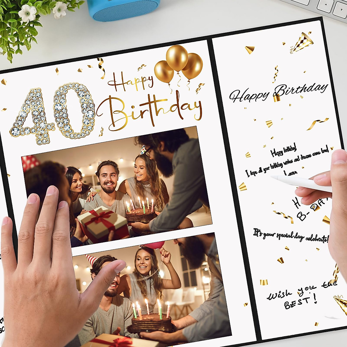 DARUNAXY Black Gold 40th Birthday Party Decorations, Happy 40th Birthday Alternative Signature Guest Book for Men Women 40 Years Old Table Sign Picture Frame Gift 40 Birthday Card Board Party Supplies