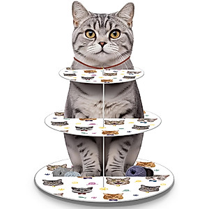 Pasimy Cat Cupcake Stand Party Decorations Cat Theme Cupcake Holder Cardboard 3 Tier Kitten Birthday Party Cake Decorations Pet Lover Dessert Stand for Cat Birthday Party Baby Shower Supplies