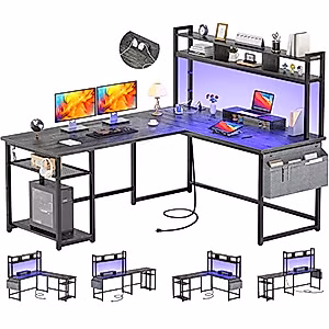 Aheaplus L Shaped Desk with Power Outlet & LED Strip, Reversible L-Shaped Corner Computer Desks Gaming Desk with Storage Shelf & Monitor Stand, Modern 2 Person Home Office Desk Writing Desk, Grey Oak