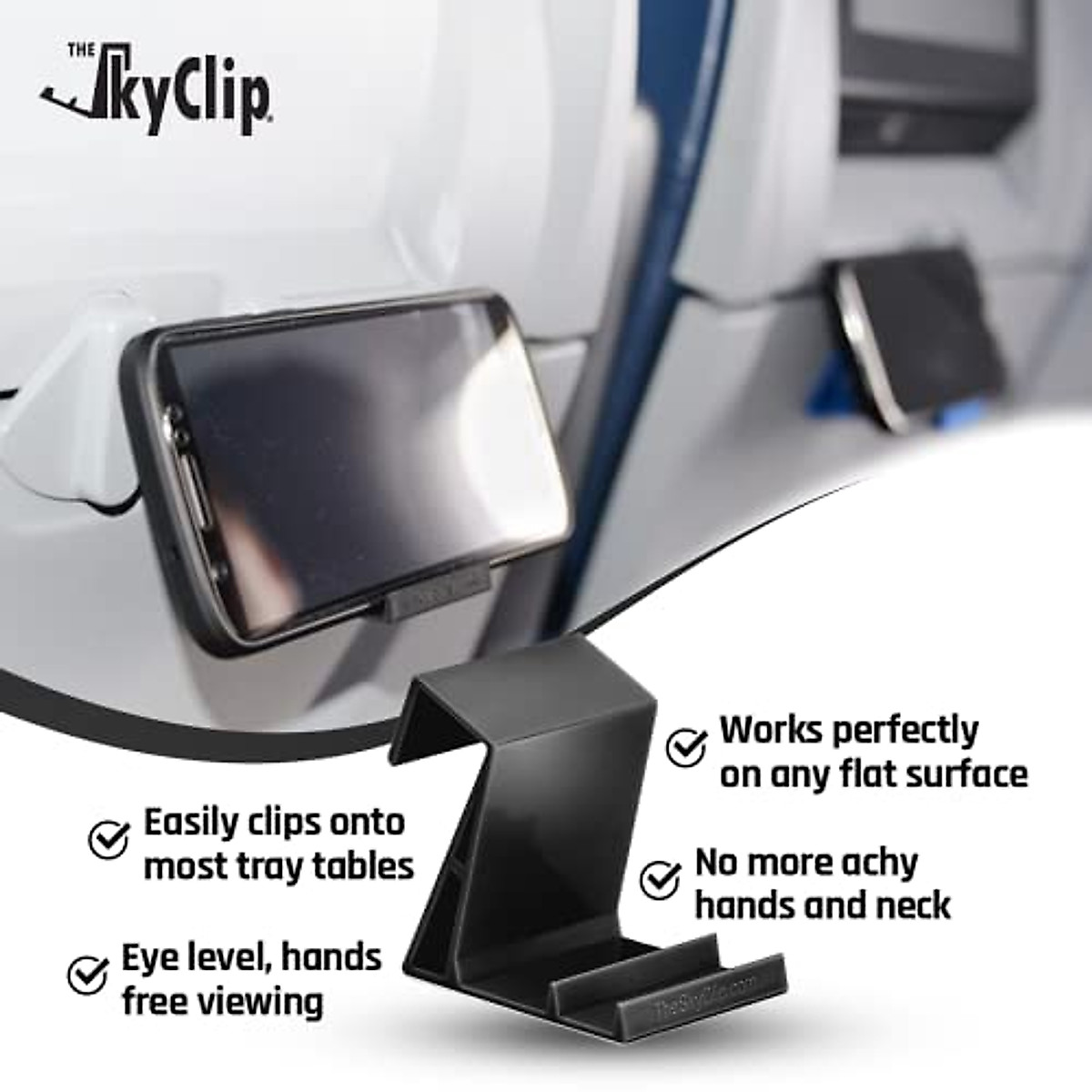 The SkyClip - (Black, 2 Pack Airplane Cell Phone Seat Back Tray Table Clip and Sturdy Phone Stand, Compatible with iPhone, Android, Tablets, and Readers
