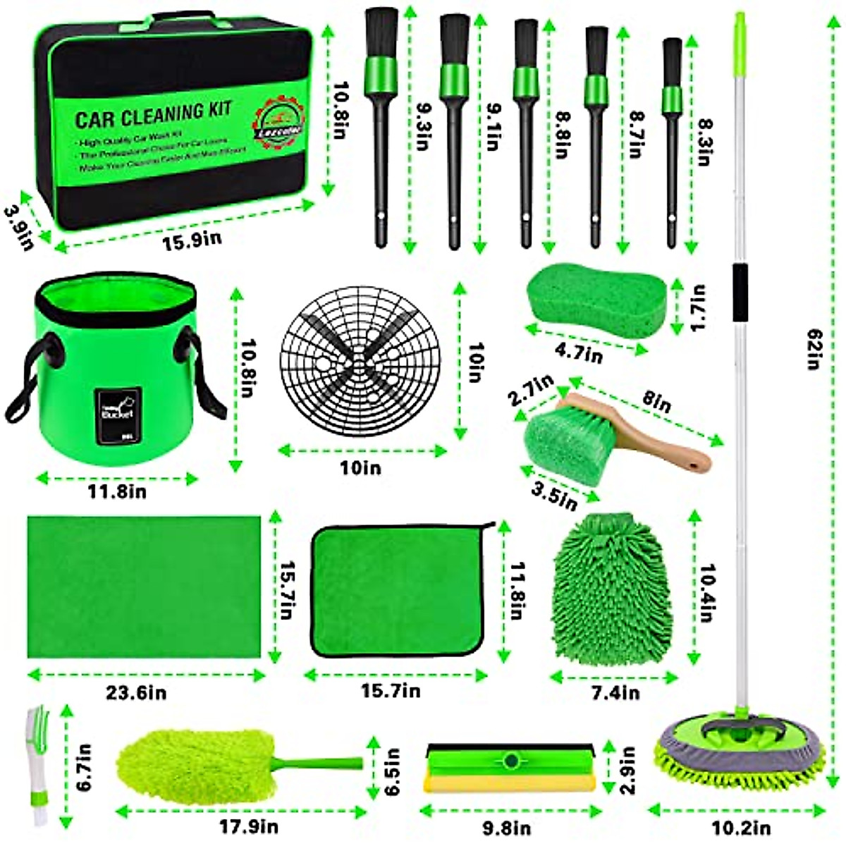 Lezcufer 17Pcs Car Wash Kit,62" Car Wash Brush Mop with Long Handle,Car Cleaning Kit,Car Detailing Brush Set,Car Wash Bucket with Dirt Trap,Car Wheel Brush,Complete Interior Car Cleaning Supplies