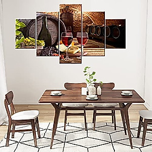 Fu-Keivy Wine Wall Art Decor for Kitchen Dining Room Grapes Fruit Canvas Wine Bottle Pictures 5 Piece Paintings Modern Artwork Decorations Cellar with Barrel and Glass Wooden Framed