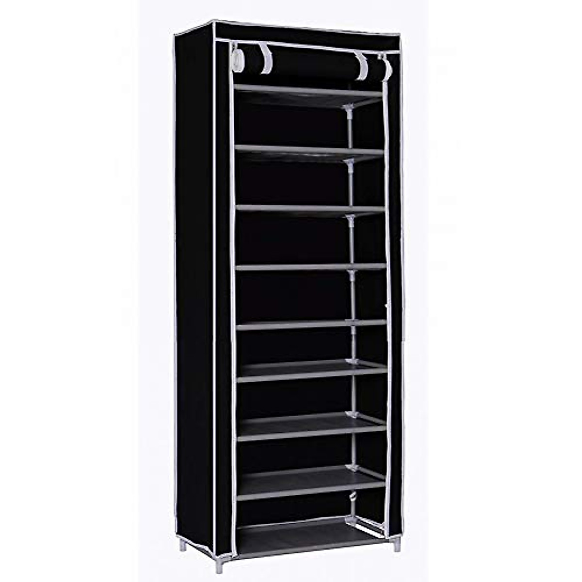 SoSo-BanTian1989 Black 10 Tiers Metal Tube Frame Shoe Rack with Dustproof Cover, 27 Pairs Shoes Cabinet Closet Storage Organizer Tower Shelf