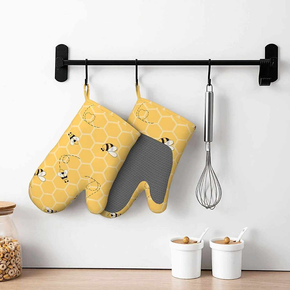 1 Pair Durable Funny Honey Bees Kitchen Silicone Oven Mitts, Yellow Beehive Heat Resistant Lining Fabric Pot Holder Gloves for BBQ Cooking Baking