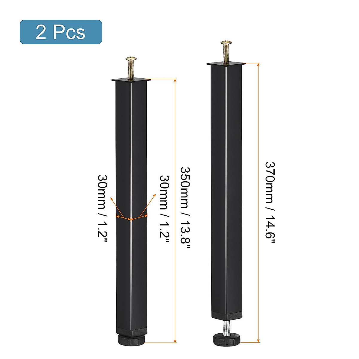 uxcell 2pcs Adjustable Height Bed Frame Support Legs Replacement Bed Rail Support Center Frame Slat Feet Risers(350mm-370mm/13.8"-14.6"), Black