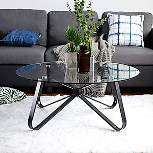wOod-it Round Coffee Table 31.5" Tempered Glass Top Black Metal Center Tables Small Circle Modern for Living Room