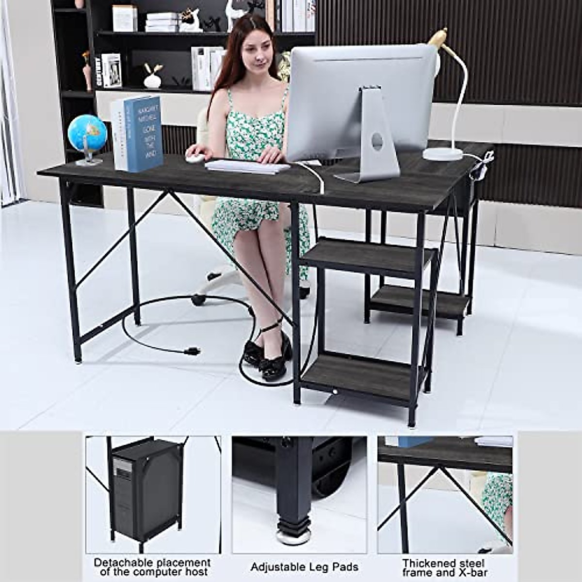 DLIUZ L Shaped Desk with Drawers，Computer Desk is Reversible Corner Large Gaming pc Table with USB Charging Port and Power Outlet,Long Writing Study Table with Shelve