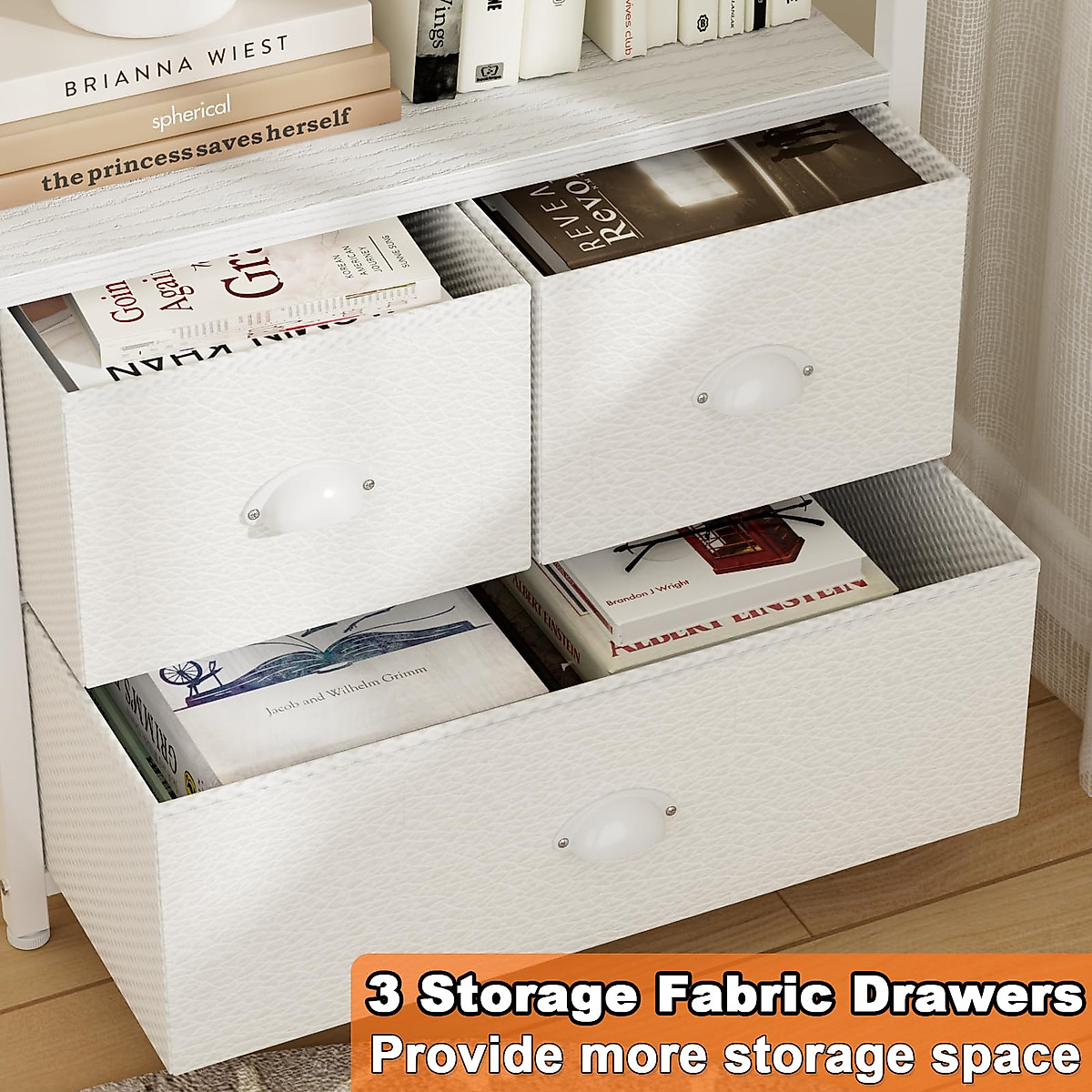 Furnulem White Bookshelf 4 Tier Wood Bookcase with 3 Fabric Drawers, 59" Tall Display Standing Shelf Unit for Living Room,Bedroom,Office,Kitchen,Balcony(White)