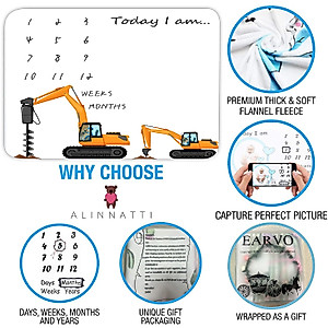 EARVO Baby Monthly Milestone Blanket Boy or Girl Construction Truck Baby Month Blanket with Wreath Frame Yellow Truck Milestone Blanket for Newborn to 12 Months Milestones 48”x48”BTZDEA10