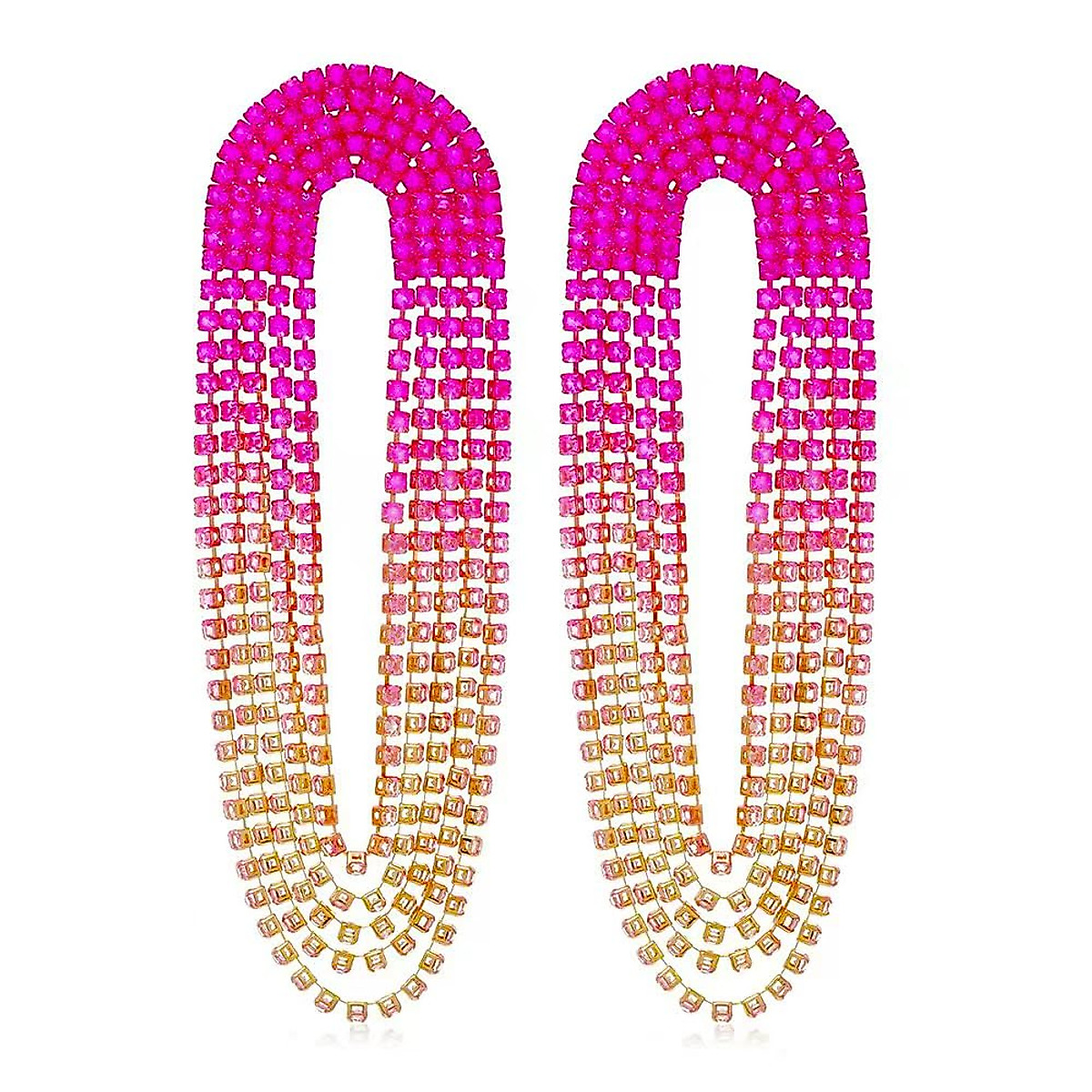 INLOLLY Pink Rhinestone Tassel Earrings for Women Sparkly Linear Fringe Crystal Dangle Earrings Long Shining Statement Dangling Chandelier Jewelry Fashion