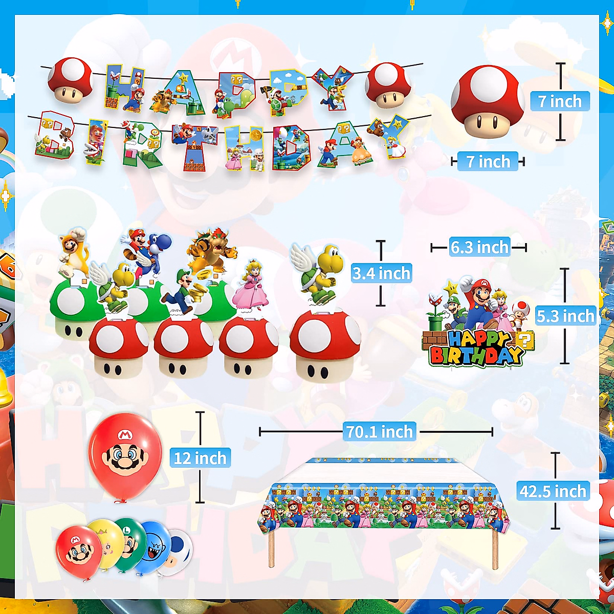 Mario Birthday Party Supplies, 116PCS Mario Party Decorations Include Banners, Backdrop, Plates, Tablecloth, Cup, Forks, Spoons, Cake Topper, straw (10 Guests)