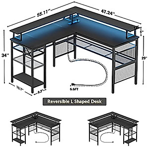 Unikito L Shaped Desk with LED Strip and Power Outlets, Reversible Corner Computer Desks with Monitor Stand and Storage Shelf, Modern Gaming Table, Home Office Desk with USB Ports, Black