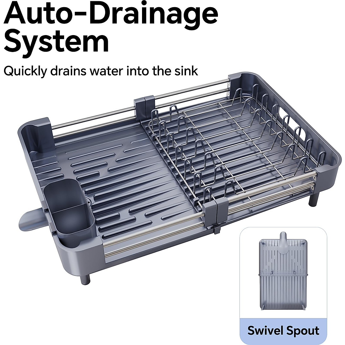 Dish Drying Rack, Kitchen Dish Drainer Rack, Expandable(13.2"-19.7") Stainless Steel Sink Organizer Dish Rack and Drainboard Set with Utensil Holder Cups Holder for Kitchen Counter