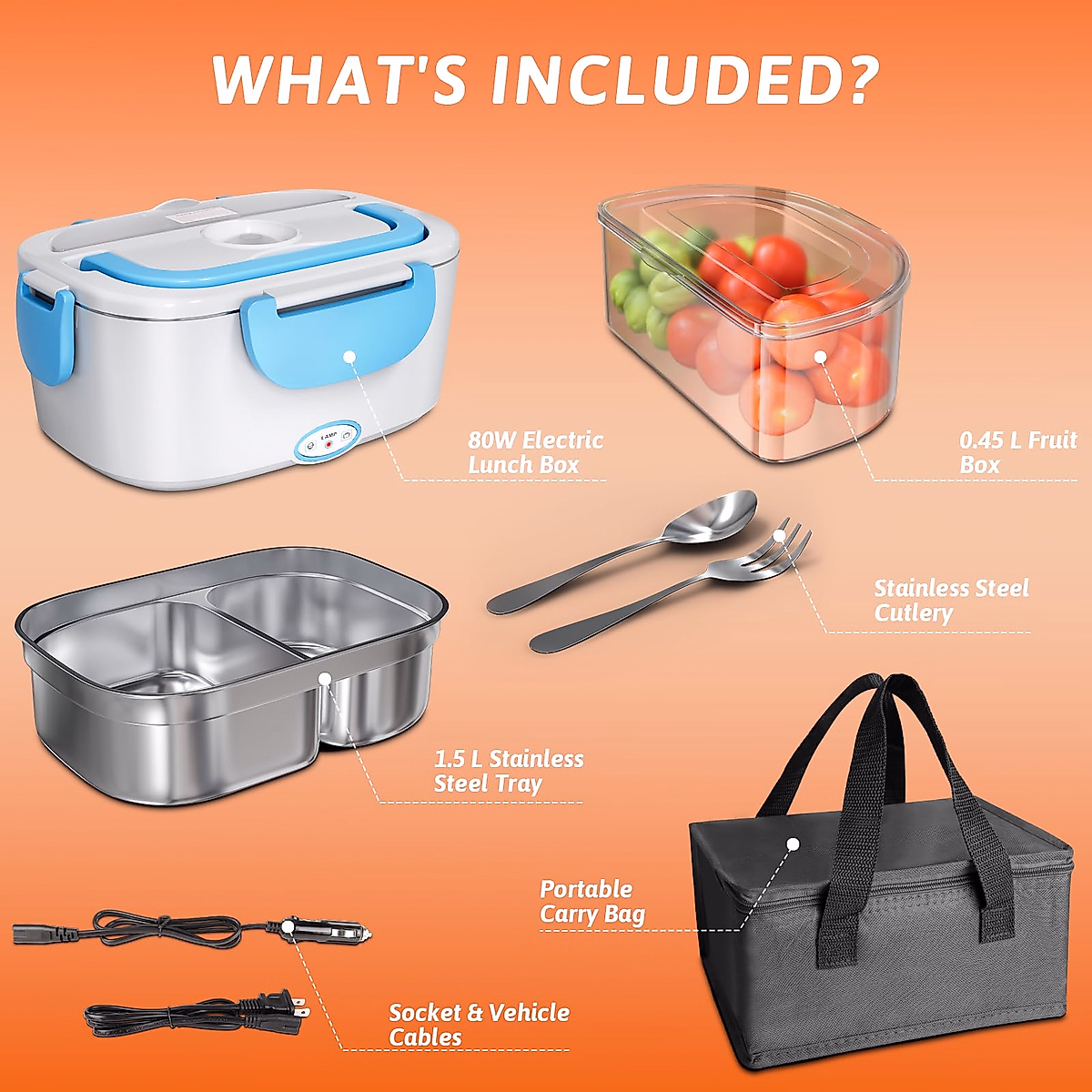 FARTVOLUS Electric Lunch Box 80W Food Heater for Adults, 12/24/110V Upgraded Portable Heated Lunch Box with 1.5L/304 Stainless Steel Container Fork & Spoon, for Work/Men/Car/Truck/Camping