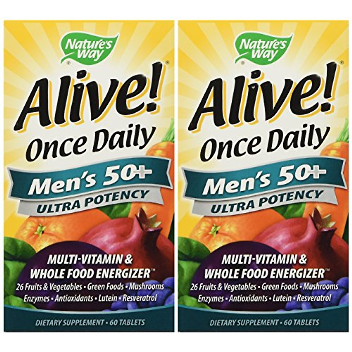 Nature's Way Alive! Once Daily Men's 50+ Multivitamin, Ultra Potency, Food-Based Blends (291mg per serving), 60 Tablets, Pack of 2