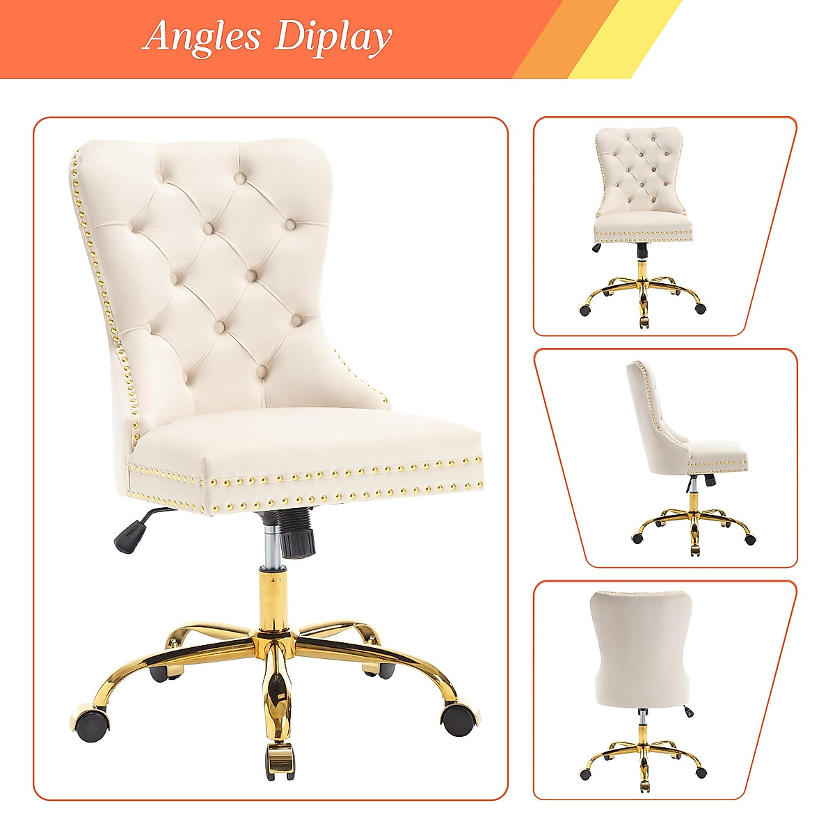 KCC Velvet Home Office Chair with Gold Metal Base & Nailhead Trim, Modern Swivel Upholstered Tufted Task Chair, Adjustable Wingback Armless Desk Chair for Living Room/Bedroom(Beige)