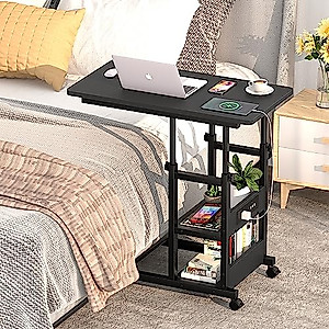 Height Adjustable C Shaped End Table with Charging Station, Mobile Laptop Side Table with USB Port and Wheels, Sofa Couch Table with 2-Tier Storage Shelve for Living Room Bedroom, Black