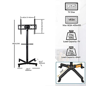 Mobile TV Stand on Wheels for 23-60" LCD LED Flat/Curved Panel Screen TVs, Adjustable Shelves Reclining TV Cart Max VESA 400x400 Portable TV Stand with Tray Rolling Floor TV Stand