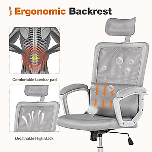 Sweetcrispy Ergonomic Home Office Desk Chair, Mesh Swivel Rolling Computer Chair with Adjustable Headrest, Soft PU Armrest, and Lumbar Support
