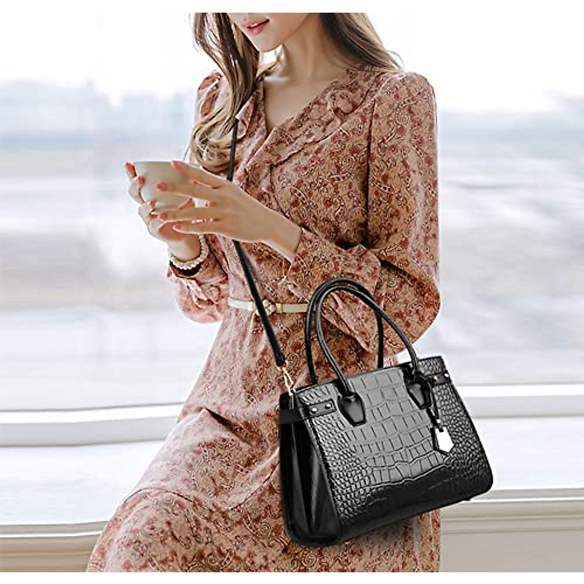 PU Leather Purses and Handbags Crossbody for Women Fashion Crocodile Pattern Top Handle Satchel Purse Set 3pcs (Black)