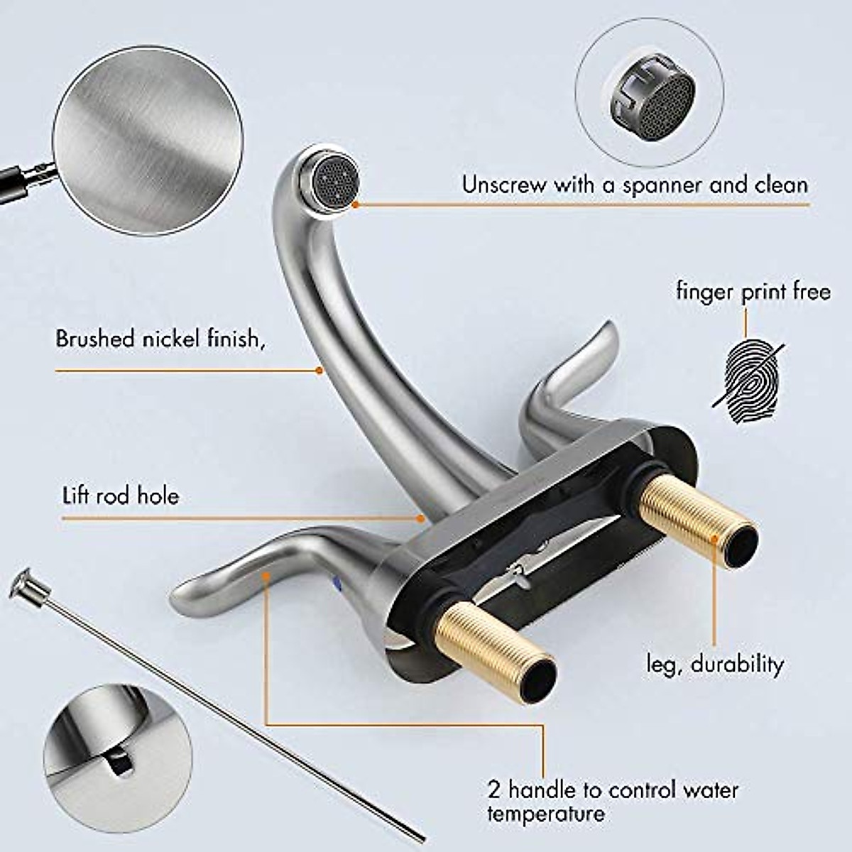 WOWOW Bathroom Faucet 2 Handle 4 Inch Centerset Bathroom Sink Faucet, Lead-Free Basin Mixer Tap with Lift Rod Drain Stopper, 2 Handle Centerset Lavatory Faucet Brushed Nickel Vanity Faucet
