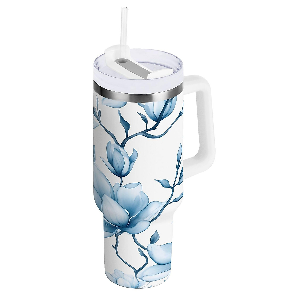 xigua 40 oz Blue Magnolia Flowers Tumbler with Handle and Straw Lid, Stainless Steel Vacuum Insulated Sports Water Bottle, Keeps Cold or Hot Coffee Cup Travel Mug
