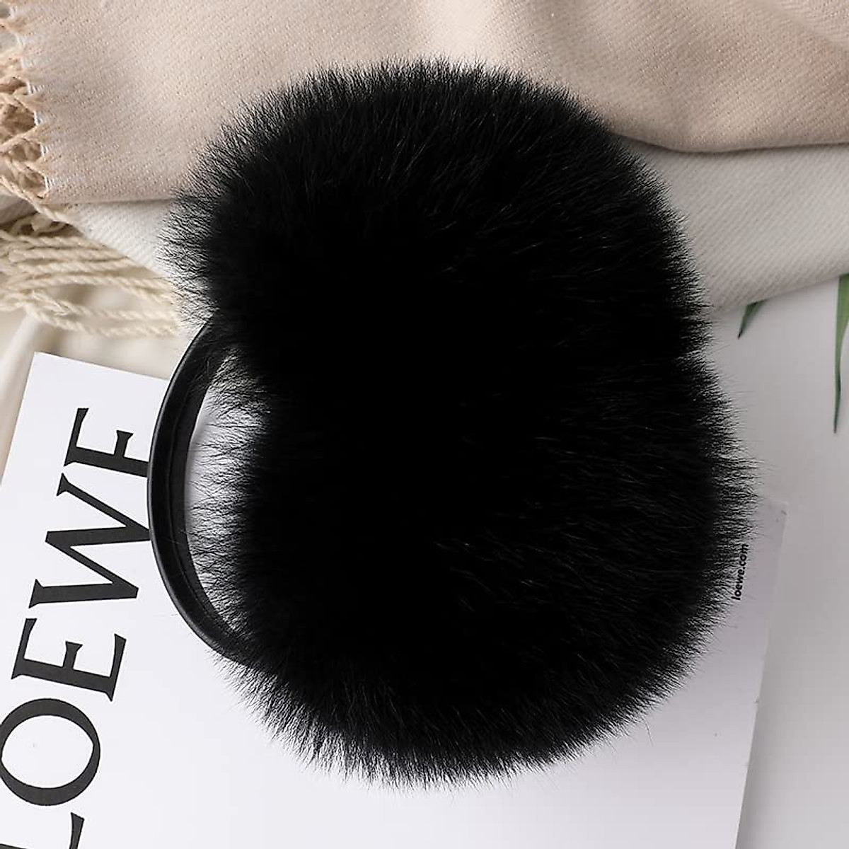 Bibury Real Fox Fur Earmuffs with Leather Band, Winter Ear Muffs, Cold Weather Head Warmer (Black)