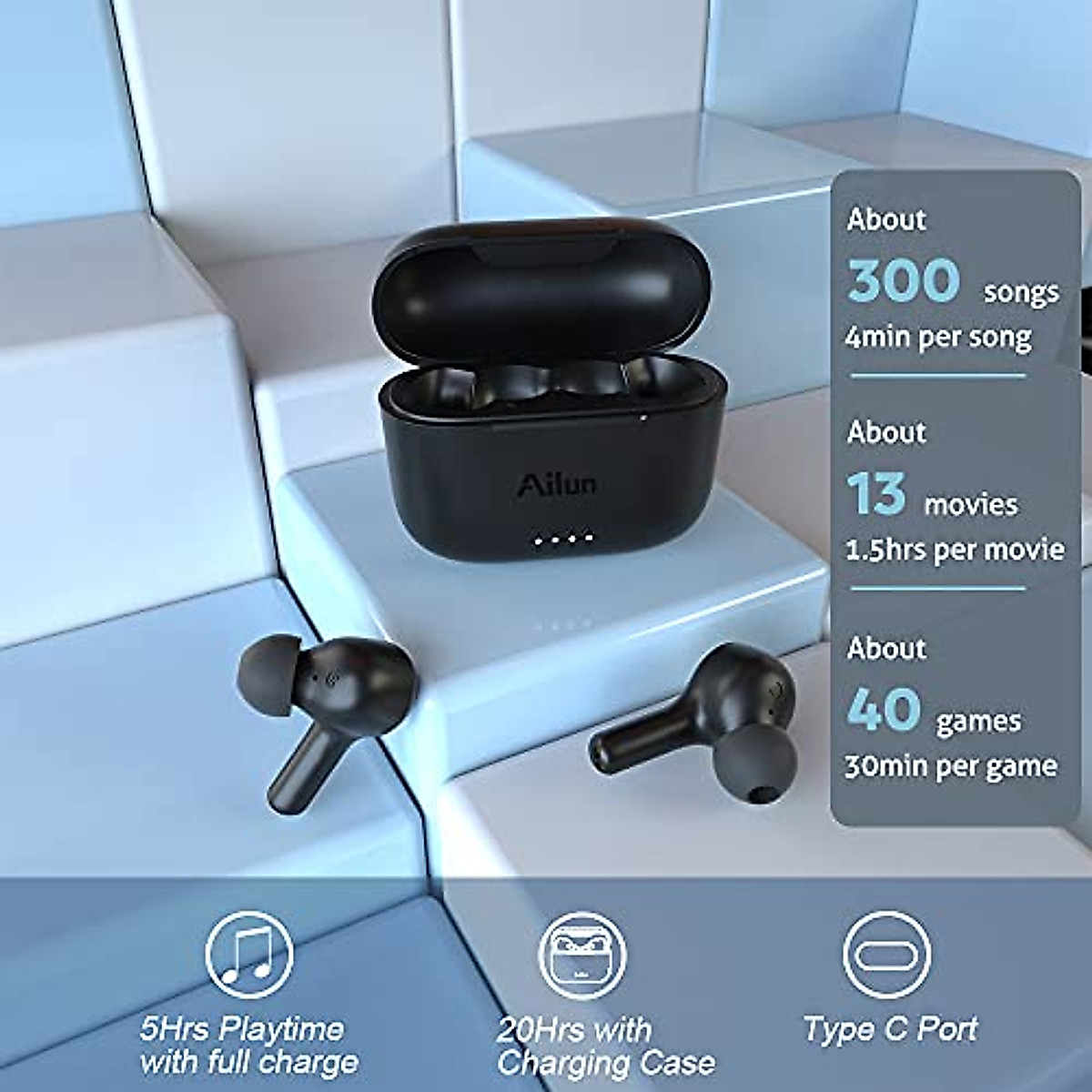Ailun True Wireless Earbuds with ENC Noise Cancelling Bluetooth Earphones for HD in-Ear Stereo Calls Touch Control Sport Headphones Waterproof Fitness Earbuds USB-C Charging 20H Playtime (Black)