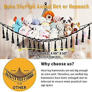 Stuffed Animal Net or Hammock, 63"x 50"x50" Stuffed Animal Toy Storage Hammock with Led String Lights, Corner Hanging Toy Net Organizer Boho Decor for Nursery Kids Room Bedroom (Black)