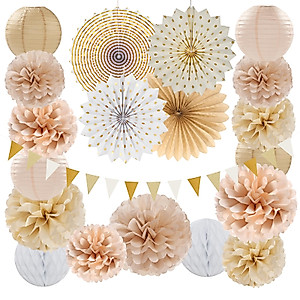 Beige-Champagne Gold White-Peach Boho Party-Decorations - 20pcs Neutral Baby Shower Rustic Wedding Paper Lanterns Fans,Tissue Pom Poms,Honeycomb Balls,Bunting,Birthday Bridal Decor Burgleda