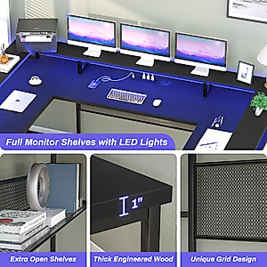 Unikito U Shaped Computer Desks, Reversible Office Desk with LED Strip and Power Outlets, L Shaped Table with Full Monitor Stand and Storage Shelves, 83 Inch Large U- Shape Gaming Desk, Black