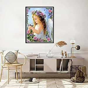 QAZWSX 5D Angel Diamond Painting Kits, Pink Flowers DIY Diamond Art Kits for Adults, Full Round Drill Crystal Cross Stitch Adults Craft for Wall Office Decor Christmas Thanksgiving Gift 12x16 inch