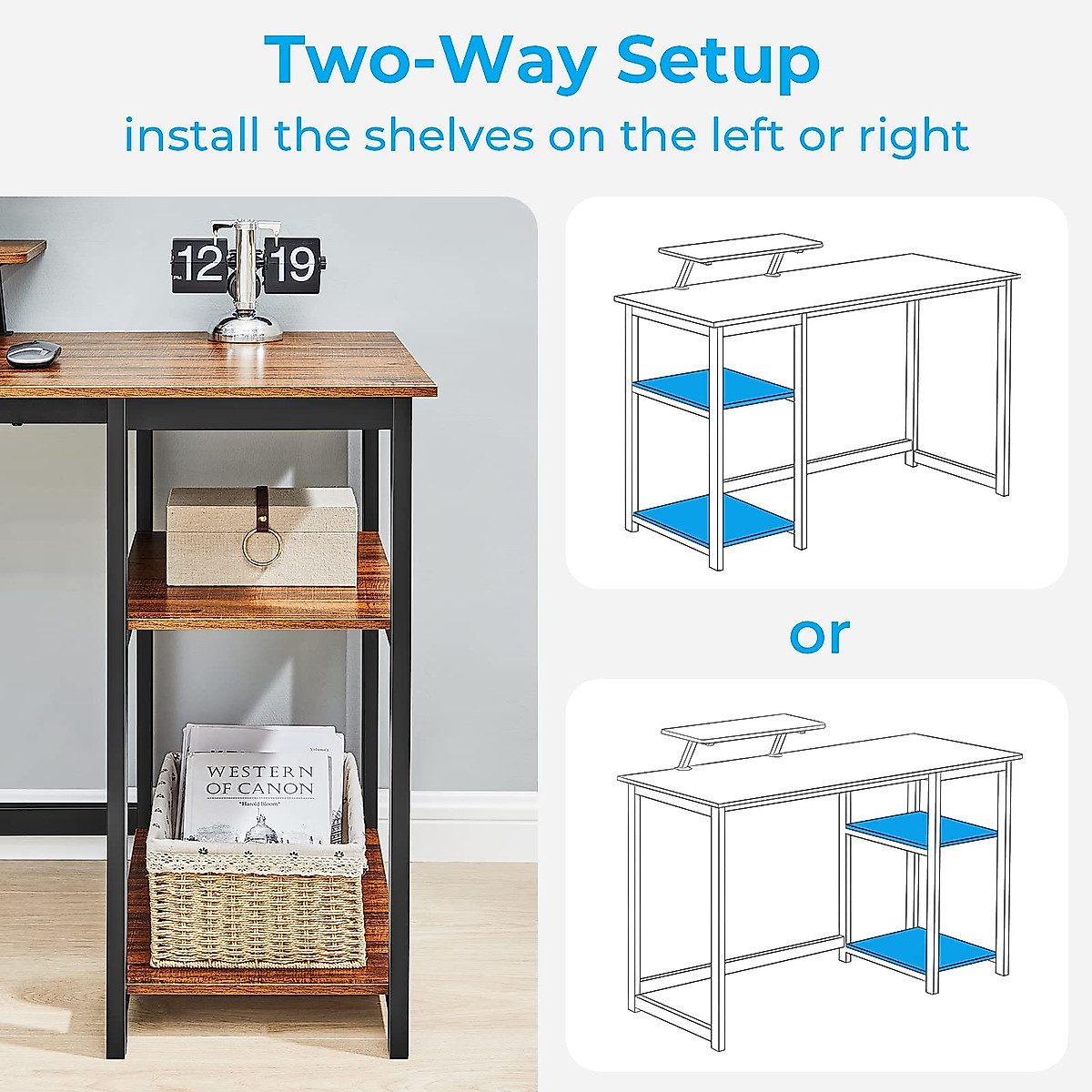 GreenForest Computer Home Office Desk with Monitor Stand and Reversible Storage Shelves,55 inch Modern Simple Writing Study PC Work Table,Walnut