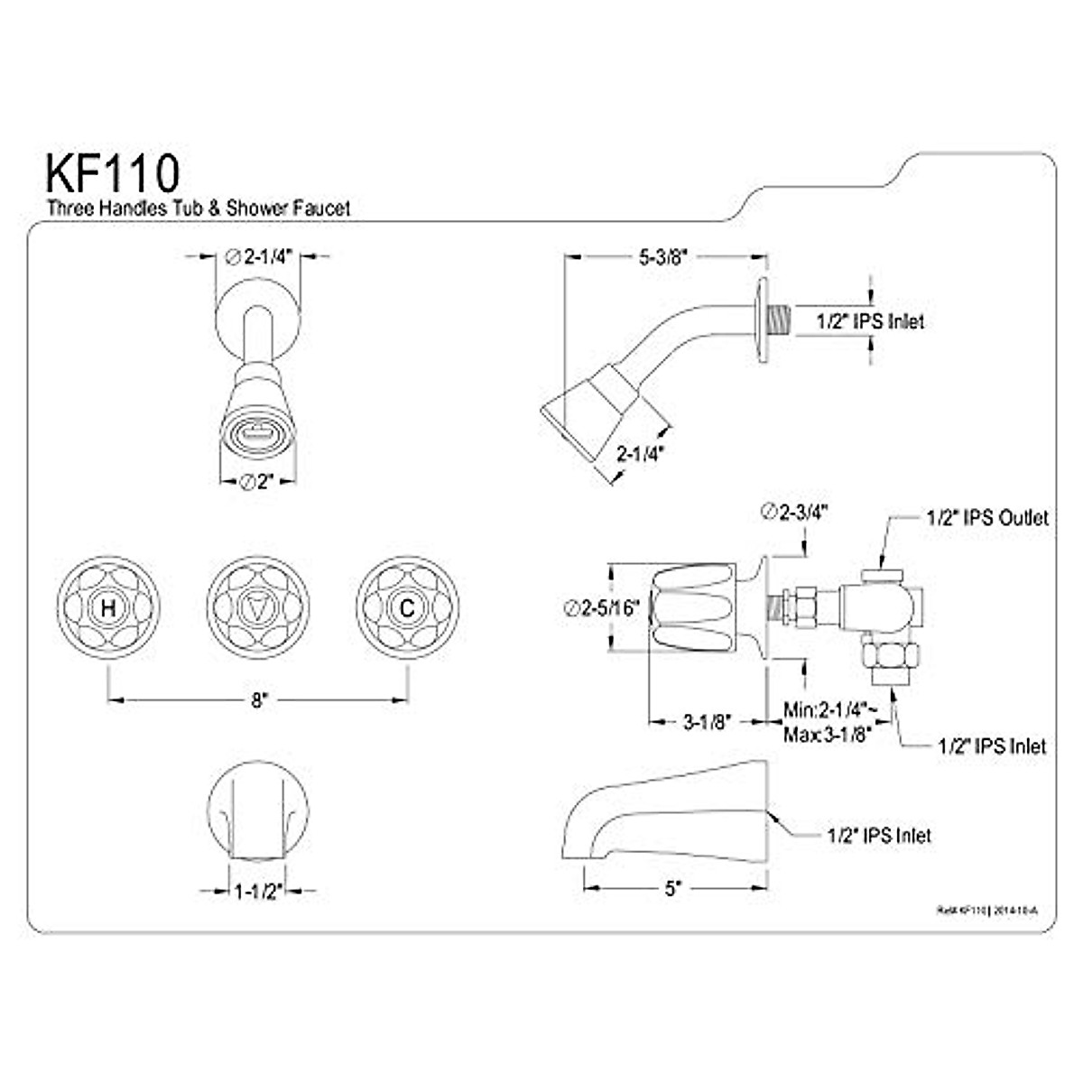 Kingston Brass Elements of Design EF110 Saloon 3-Handle Tub & Shower Faucet, 5', Polished Chrome